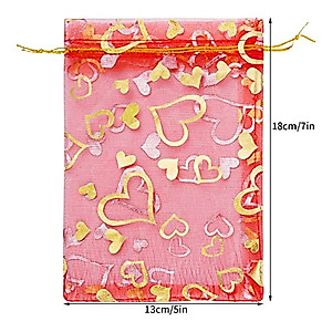 100PCS Heart Printed Organza Bags Gift Jewelry Candy Bags for Wedding Valentine's Day Mother's Day Party Christmas 5x7Inch (Red)