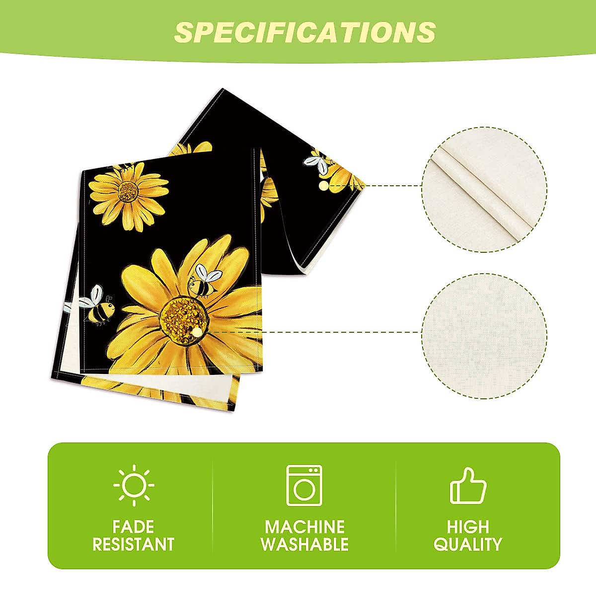 Artoid Mode Bee Sunflower Table Runner Black, Seasonal Spring Summer Flowers Holiday Kitchen Dining Table Decoration for Home Party Decor 13 x 72 Inch