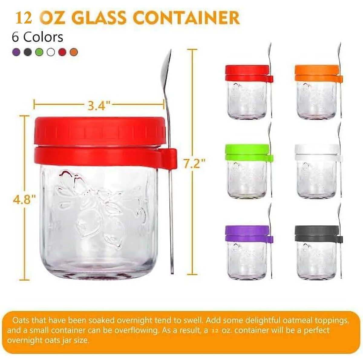 Overnight Oats Containers with Lids and Spoon, 6 Pack Mason Jars, 12 Oz Glass Container to Go for Chia Pudding Yogurt Salad Cereal Meal Prep