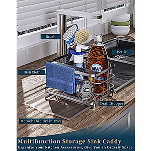 Consumest 5-in-1 Sink Caddy Kitchen Sink Organizer with Drip Tray, Multifunctional Sponge Holder for Kitchen Sink, Rustproof Stainless Steel Sink Sponge caddy for Dishcloth, Sponge, Brush - Silver
