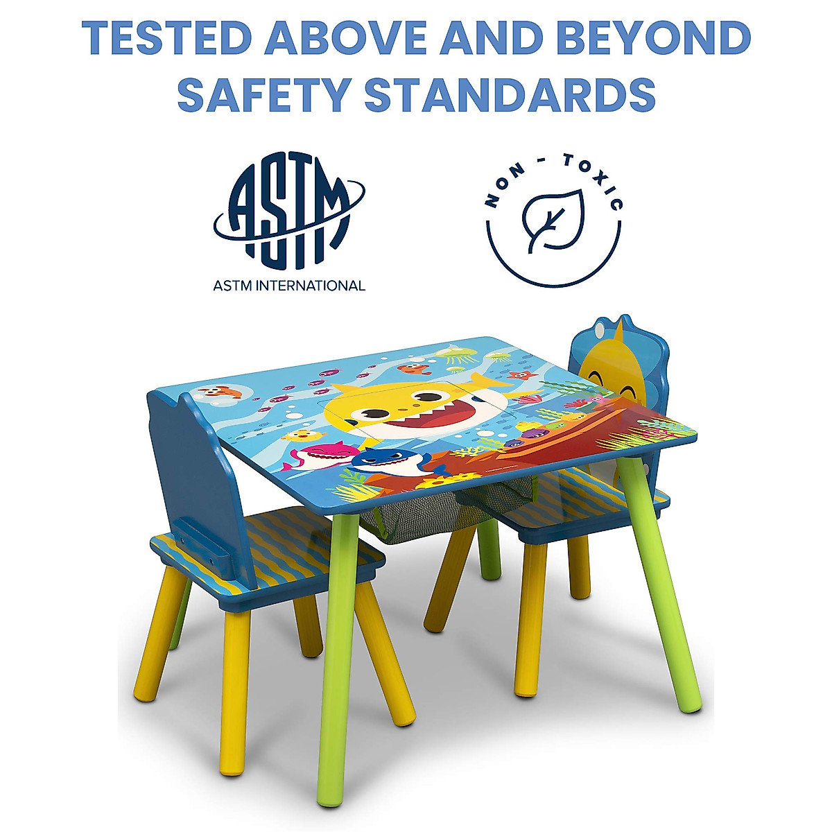 Delta Children Kids Table Storage (2 Chairs Included) -Ideal for Arts & Crafts, Snack Time, Homeschooling, Homework & More, Baby Shark, 3 Piece Set