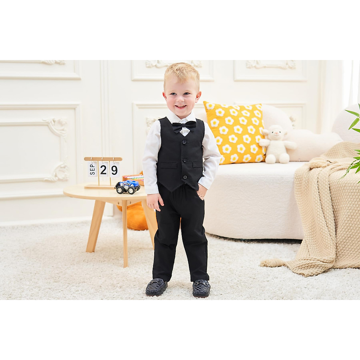 Toddler Boy Clothes Suit Gentleman Wedding Outfits, Formal Dress Shirt+Bowtie+Vest+Pants, US 18-24 Months = Tag 90
