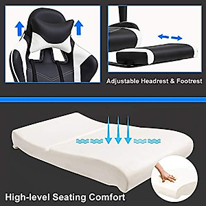 BestOffice Racing Office Ergonomic Desk Massage PU Leather Recliner Computer Lumbar Support Headrest Armrest Footrest Rolling Swivel Task Chair for, Adults, White