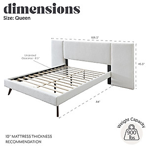 DG Casa Boucle Modern Platform Upholstered Bed Frame with Soft Textured Extended Headboard Fluted Wooden Base Legs, Slat Support Included, Easy Assembly, Queen Size, Cream