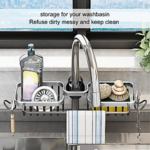 Jeanoko Faucet Storage Shelf Aluminum Plastic Two Containers with Towel Rod Kitchen Sink Faucet Shelf for Sponge Rag Kitchen Bathroom(Silver)