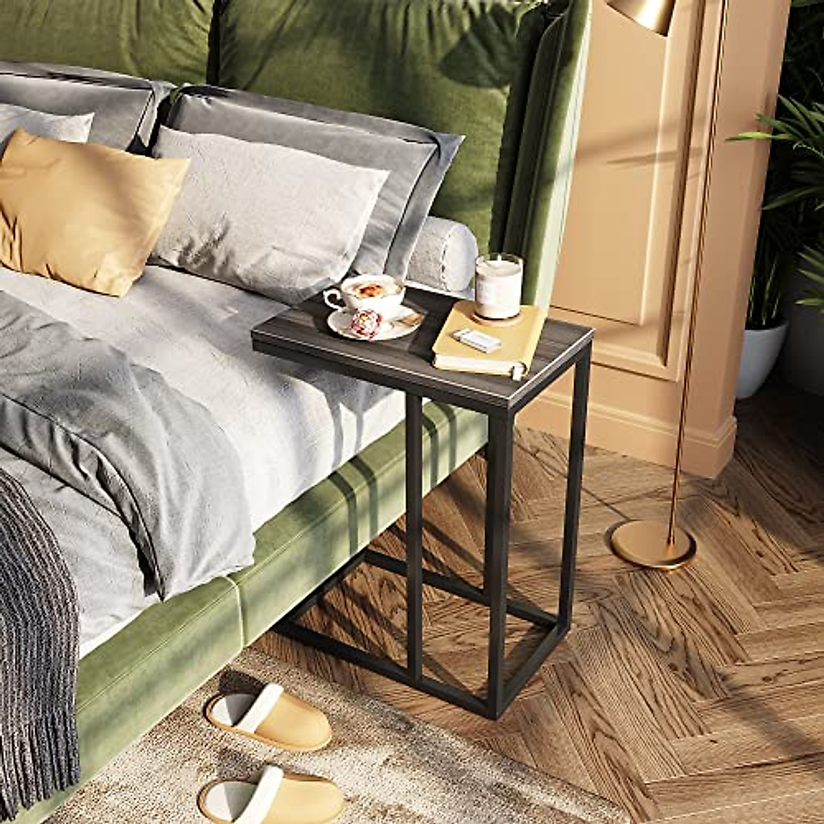 WLIVE Side Table, C Shaped End Table for Couch, Sofa and Bed, Large Desktop C Table for Living Room, Bedroom, Gray and Black