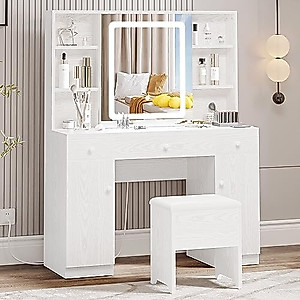 IRONCK Vanity Desk with LED Sliding Mirror & Power Outlet, Large Bedroom Makeup Table with Drawers & Cabinet & Storage Shelves & Stool, White