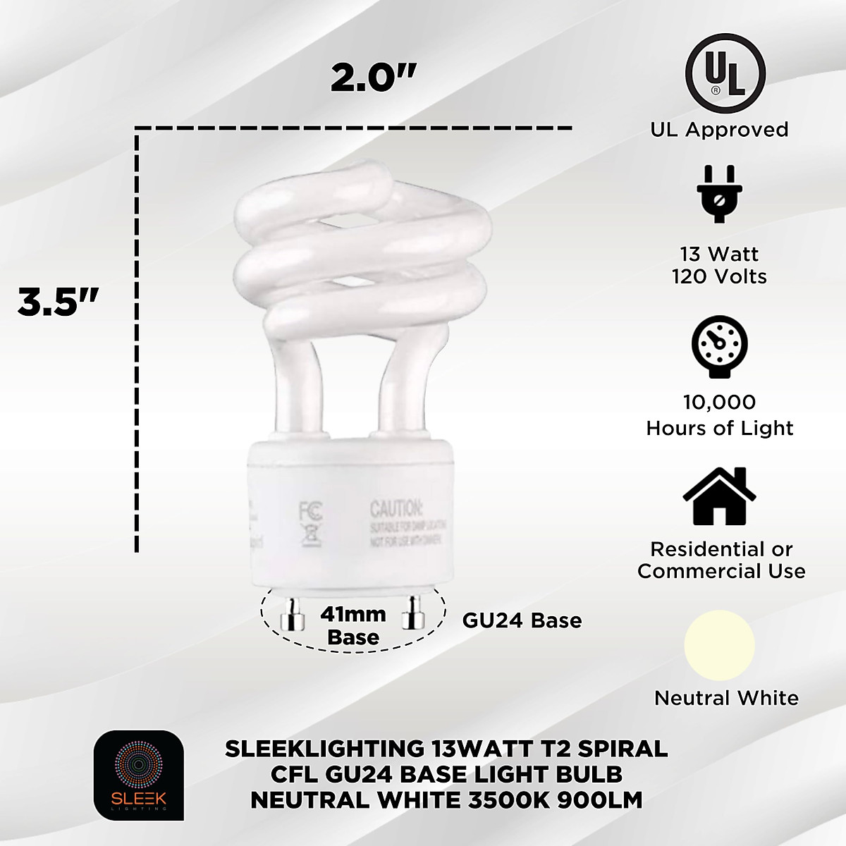 SLEEKLIGHTING - 13Watt GU24 Base 2 Prong Light Bulbs- UL approved-13w 120v 60hz Light Bulb- Mini Twist Lock Spiral -Self Ballasted CFL Two Pin Florescent Light Bulb- 3500K Neutral White -4pack-