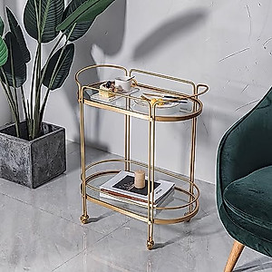 VLOBAOM Modern Rolling Serving Bar Cart, 2-Tier Oval Home Coffee Table Trolley, Kitchen Storage Shelf with Wheels for Living Room, Dining Room, Bathroom,25''Dx14''Wx29''H,Gold