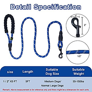 Brilliant Paw Strong Rope Dog Leash 5Ft, Durable Nylon Dog Leash, Dog Lead, with Highly Reflective Thread and Comfortable Soft Padded Handle, Heavy Duty Dog Leash for Medium, Large Dog, Navy Blue…