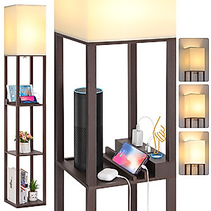FOLKSMATE Touch Control Shelf LED Floor Lamp with Shelves, Charging USB, Type C Port and Power Outlet, Dimmable Standing Lamp for Living Room, Bedroom