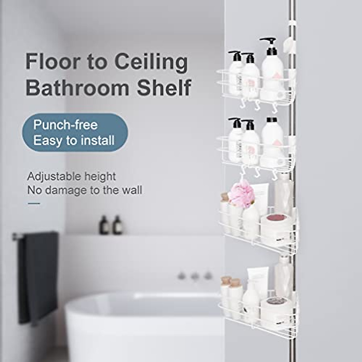 BAOYOUNI 4 Tier Shower Caddy Tension Pole Corner Bathroom Organizer Shelf Shampoo Holder Basket Bathtub Storage Rack Floor to Ceiling Adjustable Stand Space Saver - No Drilling - White