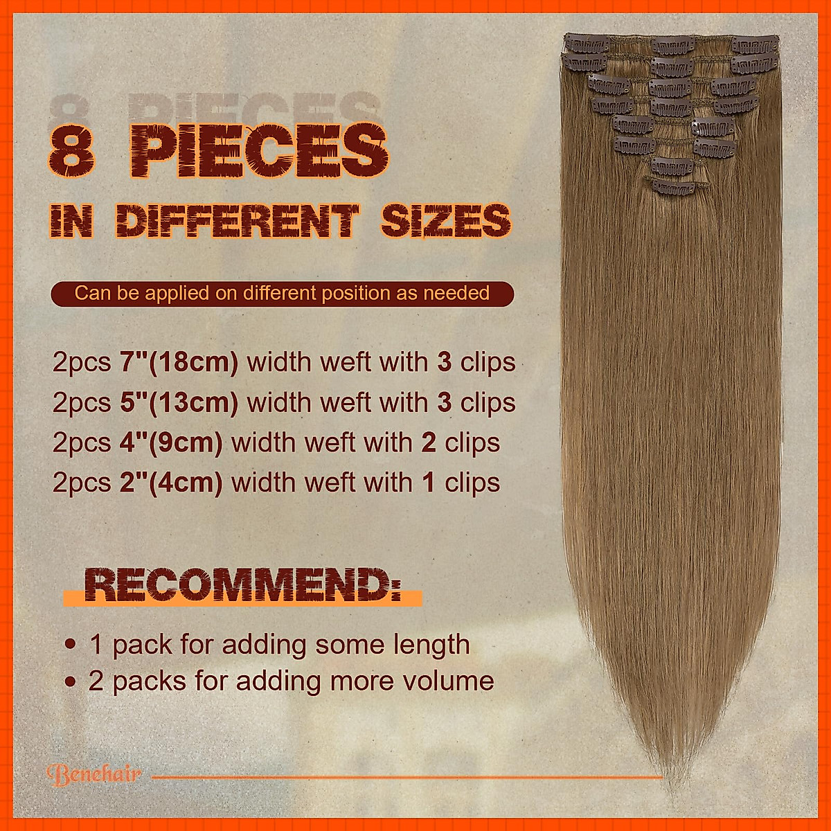 Benehair Clip in Hair Extensions Real Human Hair Light Brown Hair Extensions Clip in Human Hair Long Straight Remy Natural Full Head 8pcs Real Hair Extensions for Women 18inch #6 Light Brown