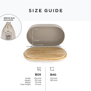 LARS NYSØM Bread Box I Metal bread box with linen bread bag for long lasting freshness I Bread box with bamboo lid usable as cutting board I 14.2x7.5x5.1 In (Greige)