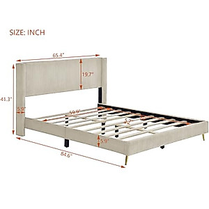 Queen Size Platform Bed Corduroy Upholstered Platform Bed with Wingback Headboard Queen Bed Frame with Metal Legs and Strong Wooden Slats, No Box Spring Needed, Noise Free, Easy Assembly, Beige