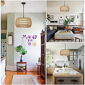 Rattan Farmhouse Chandelier Light Fixtures, 5-Lights Boho Large Pendant Light,Hand Woven Chandeliers for Dining Room with Fabric Shade,Rustic Chandeliers Hanging Light Fixtures for Kitchen Island