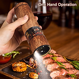 Electric Salt and Pepper Grinder Set, Battery Operated Pepper Mill with LED Light, Adjustable Coarseness, One Hand Operation, Salt and Pepper Shakers Set Electric (Wood Grain)
