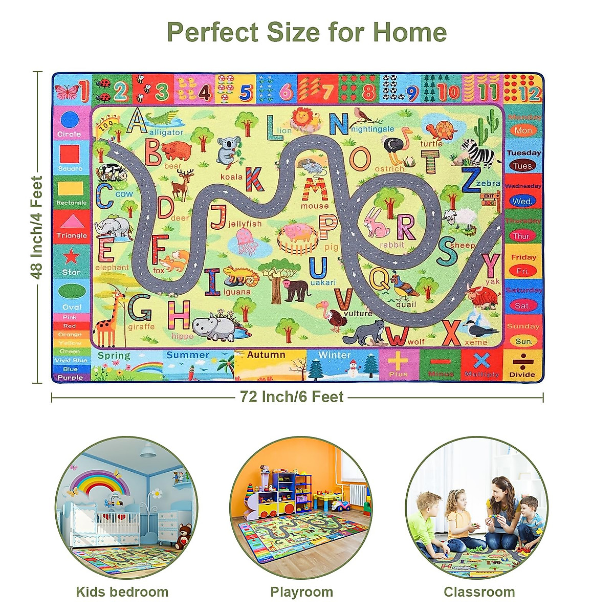 Terrug Kids Rugs for Playroom, Educational Classroom Rug for Kids Room, Washable Nursery Rug Carpet Non Slip Playroom Rug Play Mat for Learning ABC Rug, Numbers, Animal, Colors, Season, 4X6 Feet