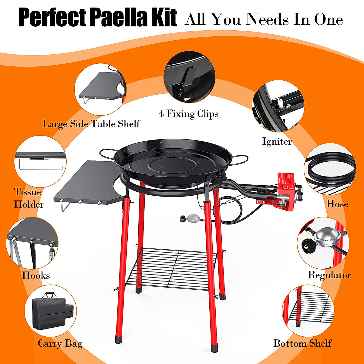 GRILL FORCE Paella Pan Set,Paella Burner and Stand Set,Paella Pan and Burner Set,Paellera,20Inch Enameled Steel Paella Pan Paella Kit with Carry Bag,Built-In Ignitor Regulator Hose,14 Servings