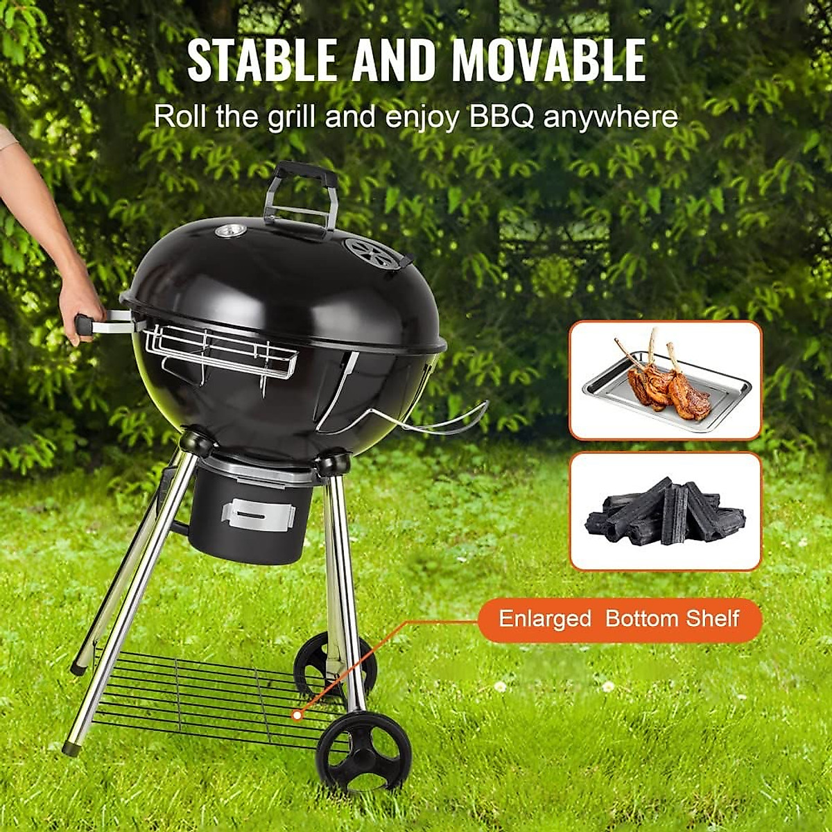 22 inch Portable Charcoal Grill, Propane Gas Kettle Grills with Cover, Iron & Steel Small BBQ Grill, Mini Tabletop Smoker for Outdoor Cooking, Barbecue Camping, Picnic, Patio and Backyard, Black