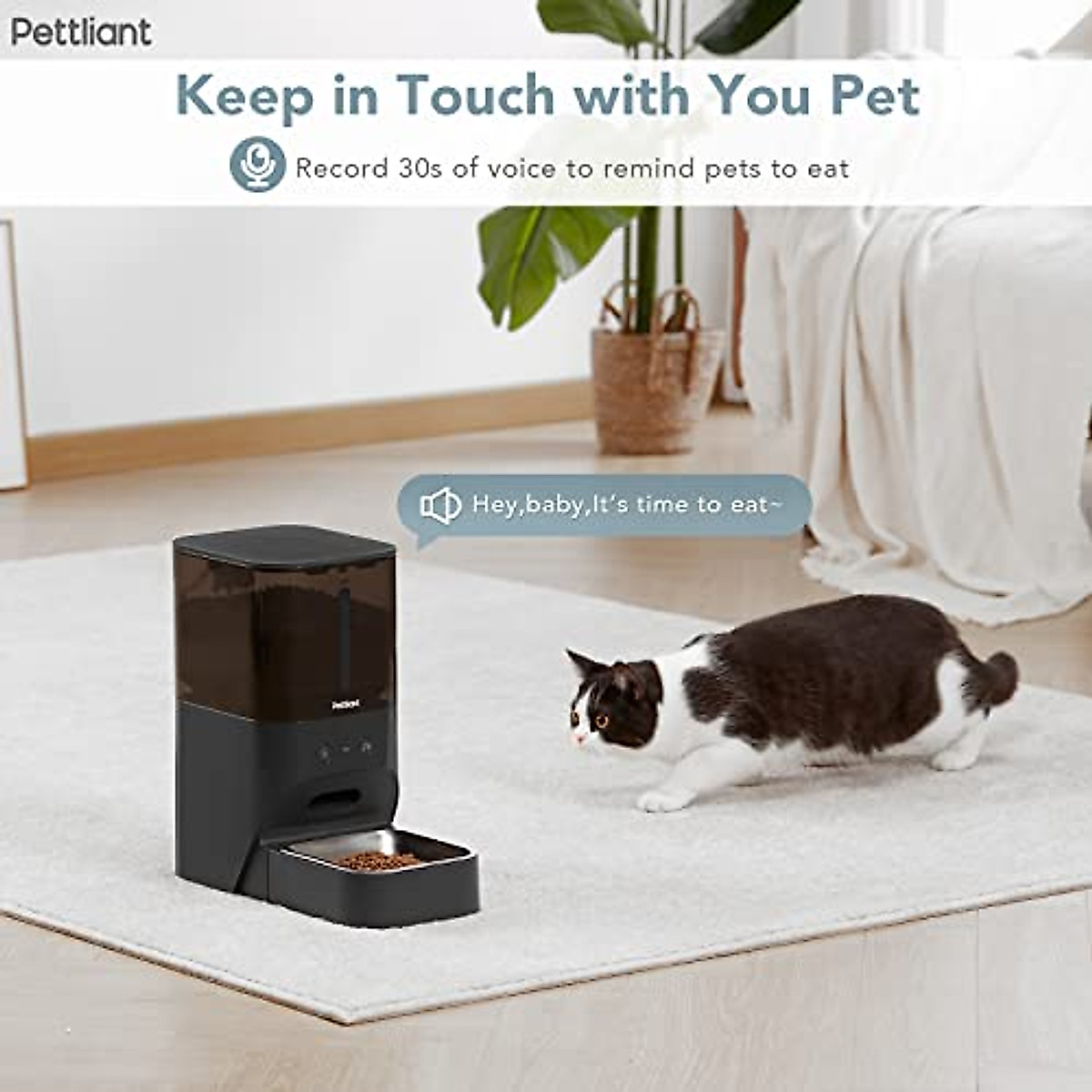 Pettliant Automatic Cat Feeders with APP Control, 2.4G WiFi Automatic Dog Feeder with Stainless Steel Bowl & 30s Voice Recorder, Pet Feeder can Timed to Feed Dogs/Cats up to 9 Meals Per Day - 4L