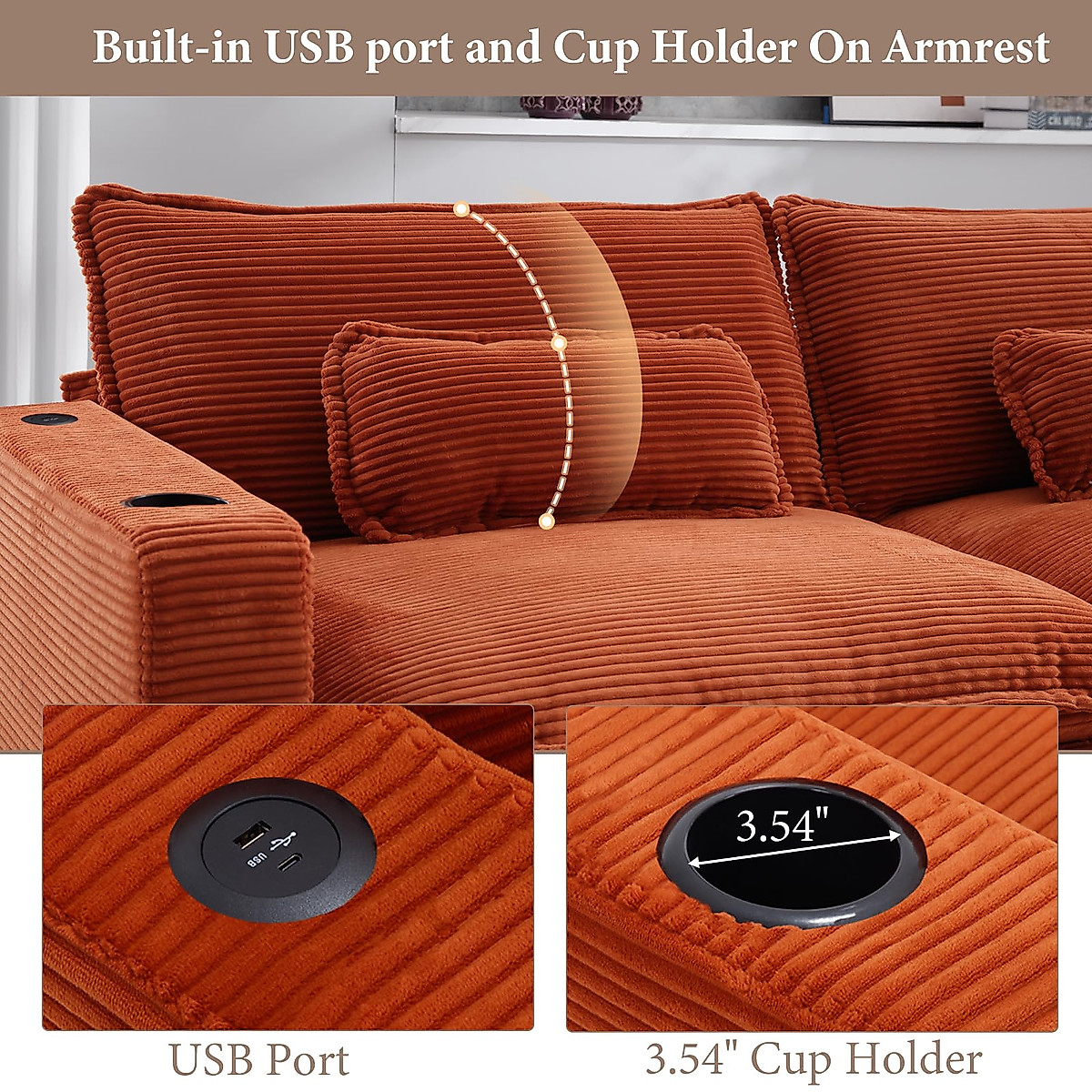 KIVENJAJA Corduroy Cloud Sectional Couch, Modern Comfy Modular L-Shaped Sectional Sofa with Ottoman, Cup Holders & USB Port for Living Room Apartment, 117.7”W, Orange