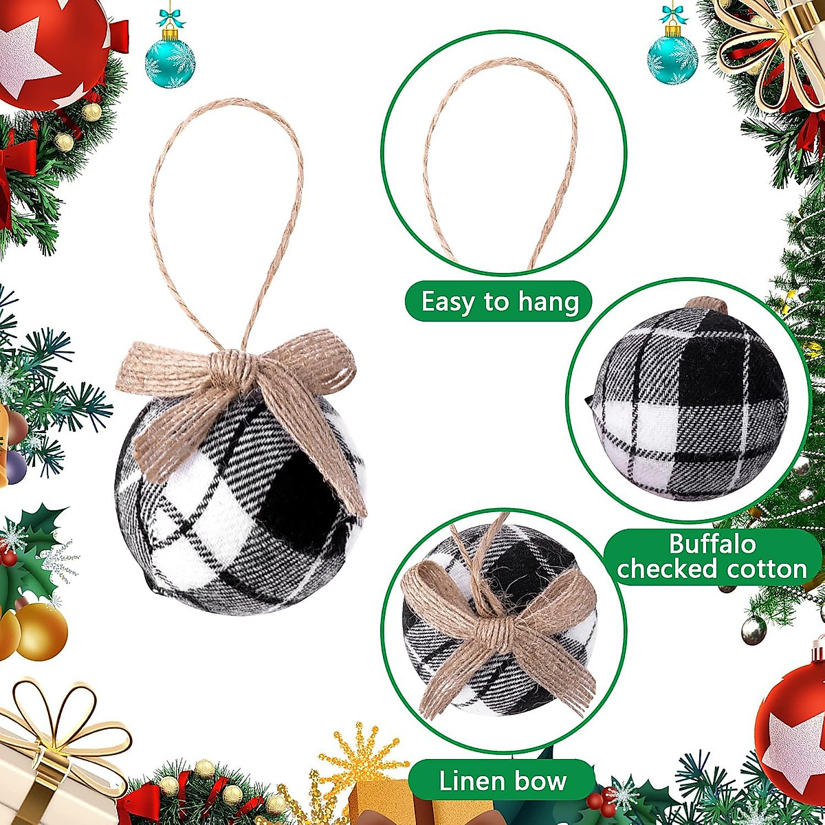 Deloky 16 Pcs Buffalo Plaid Fabric Ball- 2 Inch Christmas Fabric Wrapped Burlap Balls- Rustic Ball Ornaments with Bow for Christmas Tree Party Decoration Supplies