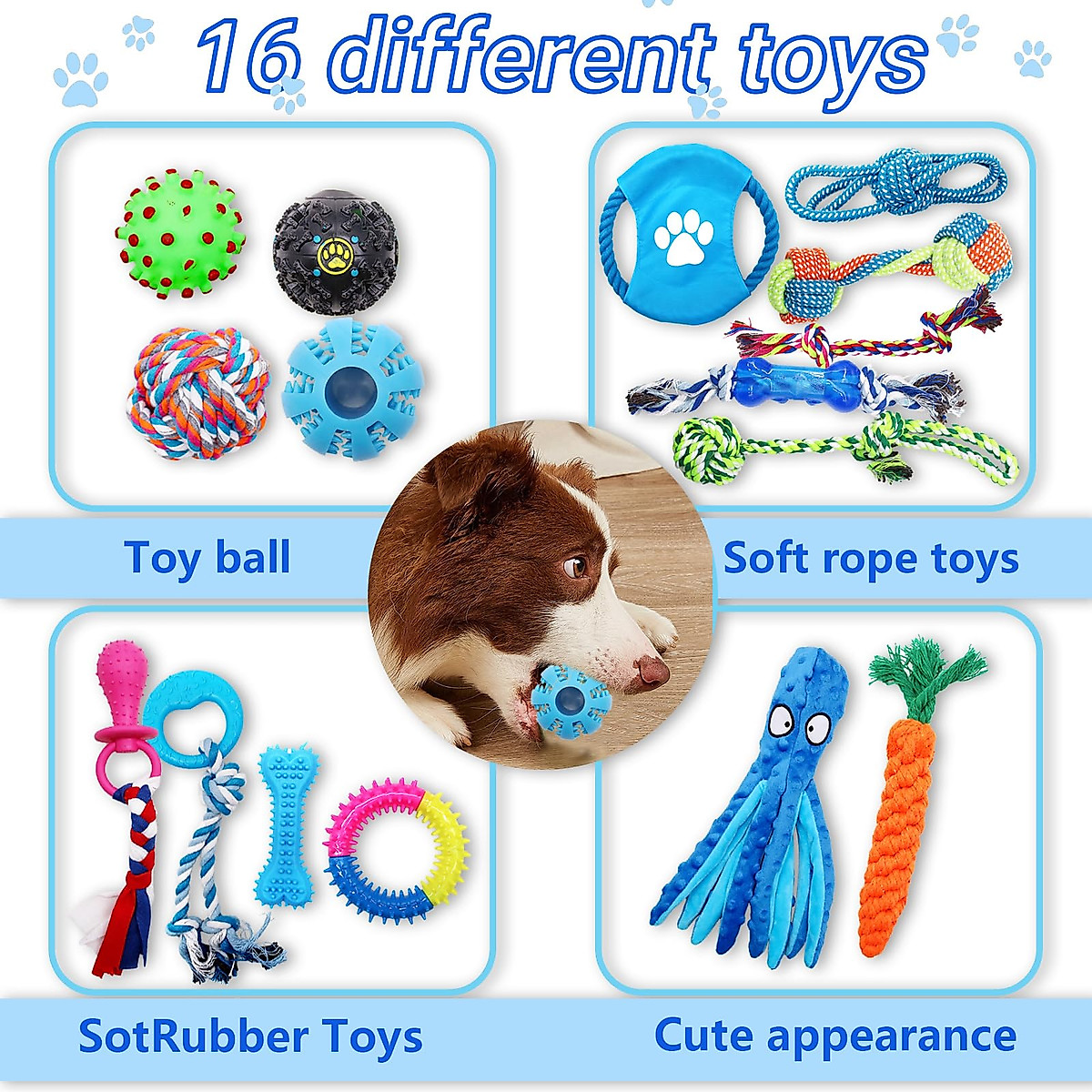 Puppy Dog Toys Set, 16pcs Dog Teething Chew Toys for Small Medium Large Dog, Dog Toys to Keep Them Busy, Interactive Dog Toothbrush Toys, Safe Training Dog Fun&Teeth Cleaning Toys (Mix Toys-16)