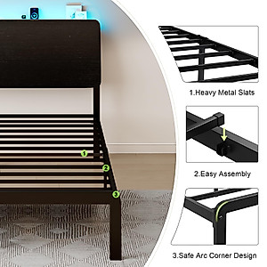 Feonase Twin Bed Frame with Ergonomic Storage Headboard & Charging Station, LED Platform Bed Frame, Heavy Duty Metal Slats, No Box Spring Needed, Easy Assembly, Black