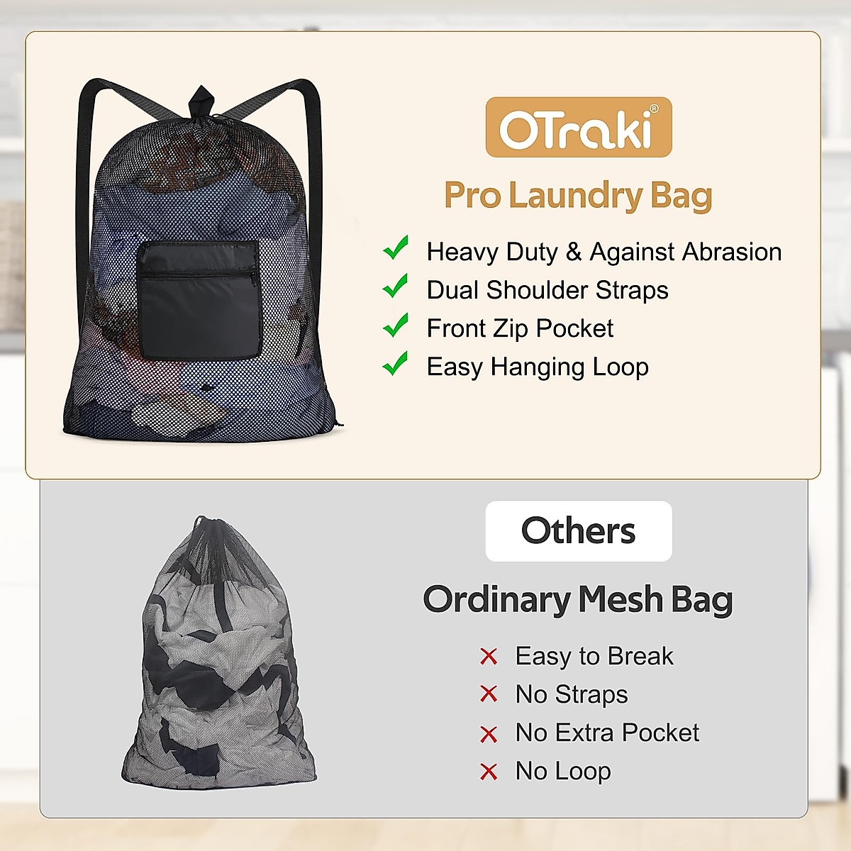 OTraki Mesh Laundry Bag Backpack 36 x 28 Inch Extra Large Drawstring Mesh Wash Bag with Shoulder Straps Zipper Pocket Heavy Duty Dirty Clothes Travel Laundry Bag for Home College Dorm Apartment Black