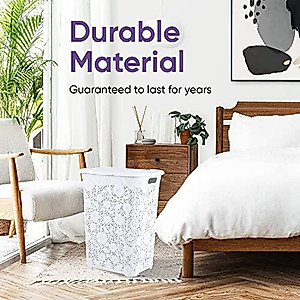 Superio Laundry Hamper with Lid White, 50 Liter Large Lace Hamper Basket, Dirty Cloths Storage with Cutout Handles, for Landry Room, Bedroom, and Bathroom