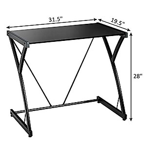 Tangkula Computer Desk Writing Table with Glass Top, Z-Shape Iron Frame Study Writing Desk with Adjustable Feet, Simple Laptop Desk Home Office Desk Computer Workstation