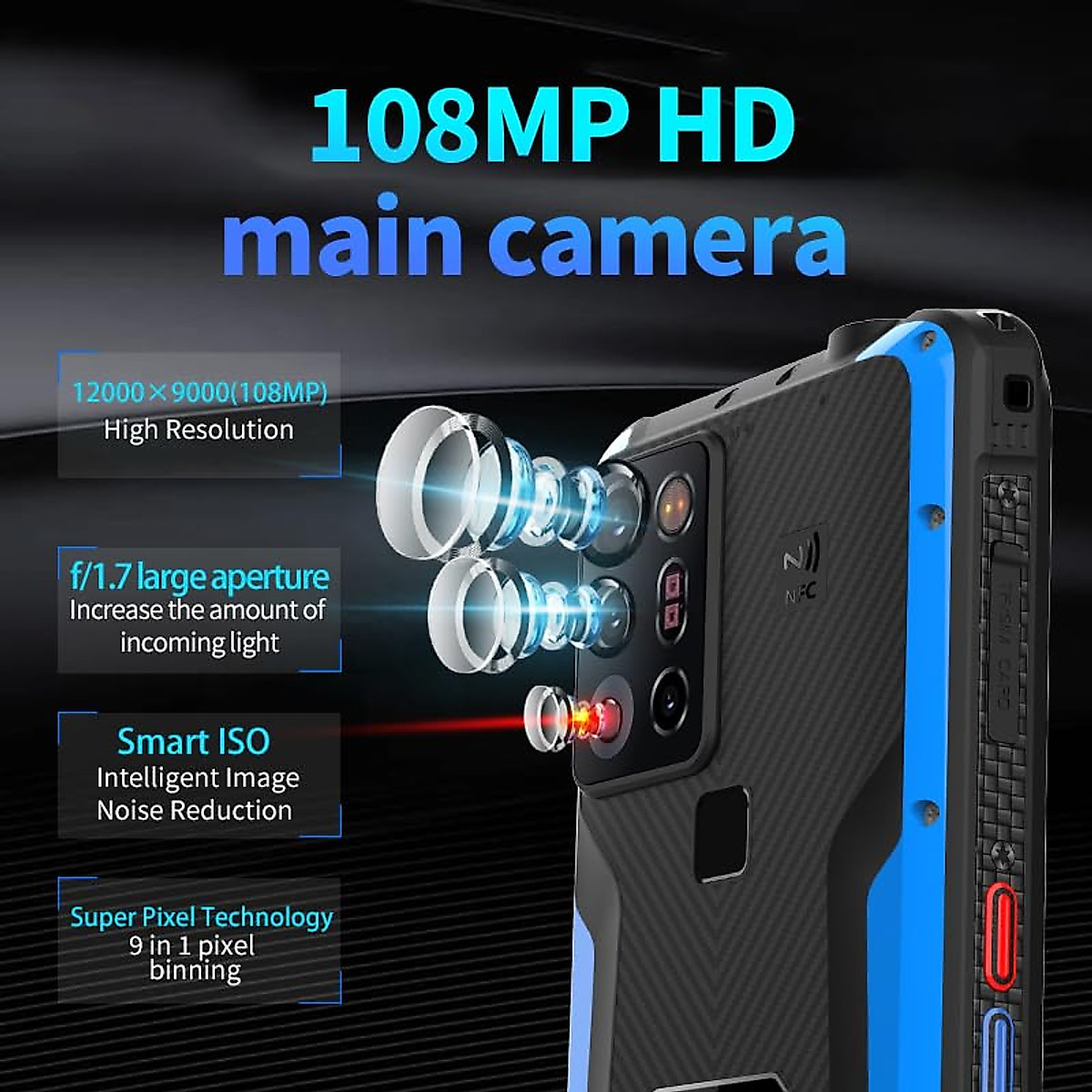 BIG WALNUT B3 2023 5G Unlocked Smartphone, 17GB+256GB Rugged Smartphone, 66W/10800mAh Battery Cell Phone, 120Hz 6.58" 108MP Camera Rugged Phone, 24MP Night Vision, IP68 Waterproof, NFC