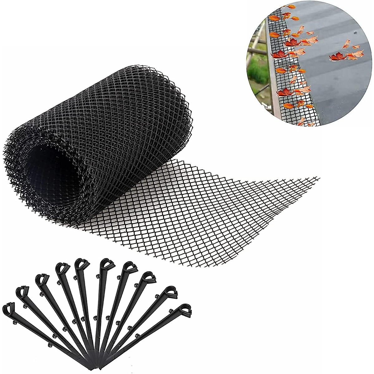Plastic Gutter Guard Mesh Protector, 6” x 20 Ft Roofing Gutters Screen Roll with 10 Clip Fixing Hooks, Leaf Protection Cover Netting to Stop Gutter Drain Downspout Clogging from Leaves or Debris