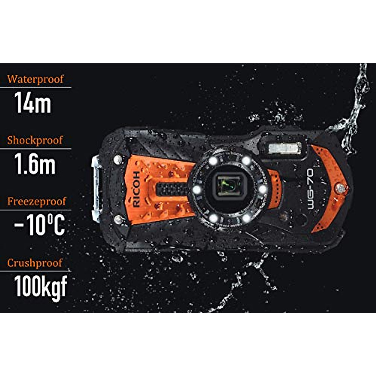 Ricoh WG-70 Orange Waterproof Digital Camera 16MP