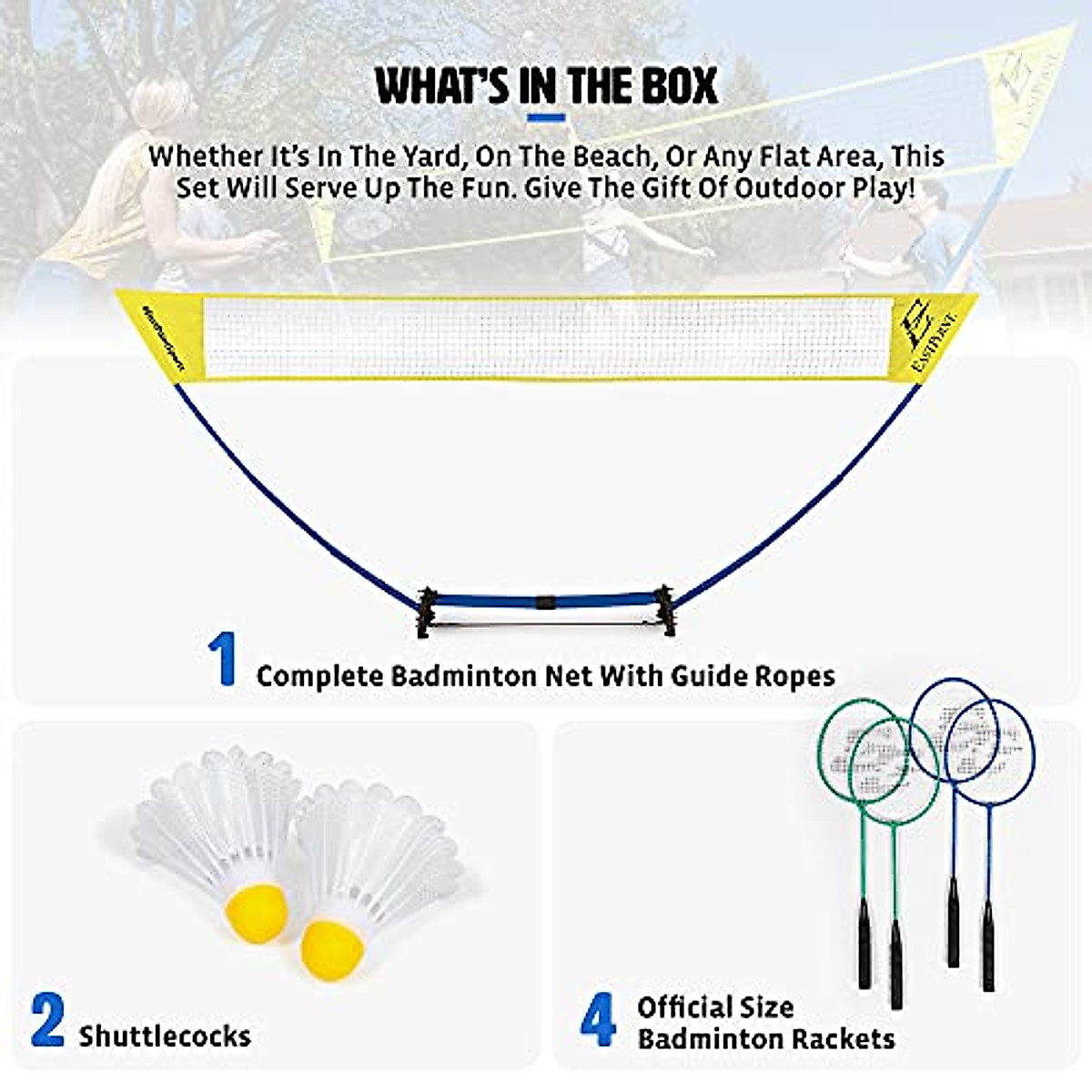 EastPoint Sports Easy Setup Badminton Set - Backyard Outdoor Game for Family Fun - Includes 2 Racket & 2 Shuttlecocks