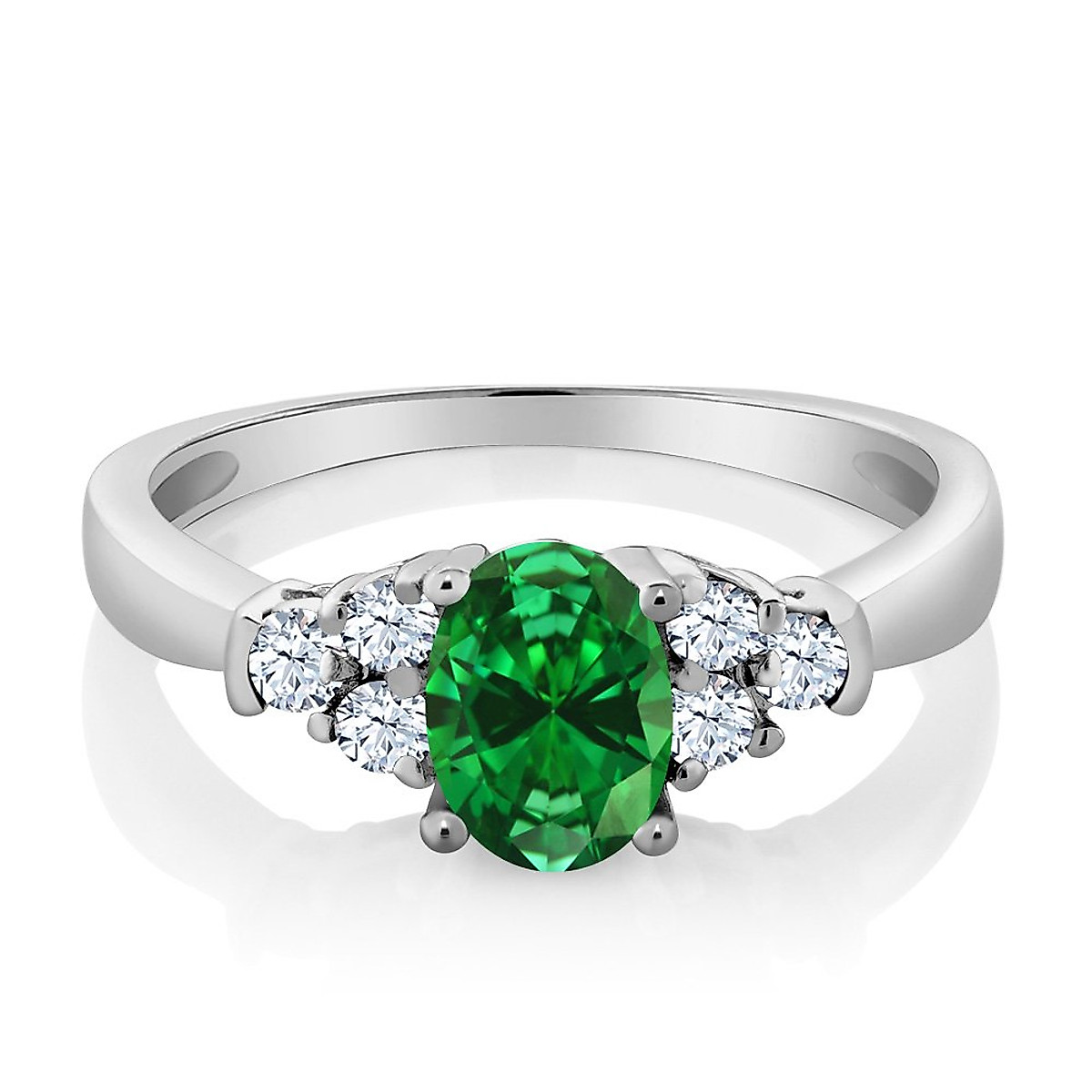 Gem Stone King 925 Sterling Silver Green Simulated Emerald and White Topaz Ring For Women (0.92 Cttw, Oval 6X4MM, Available in size 5, 6, 7, 8, 9)