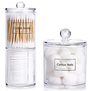 3 Pack Qtip Holder Dispenser, 20 OZ Cotton Ball Holder + 10oz Cotton Swab Holder + Cotton Pads Dispenser - Plastic Apothecary Jar Set, Bathroom Canister Storage Organization, Vanity Makeup Organizer