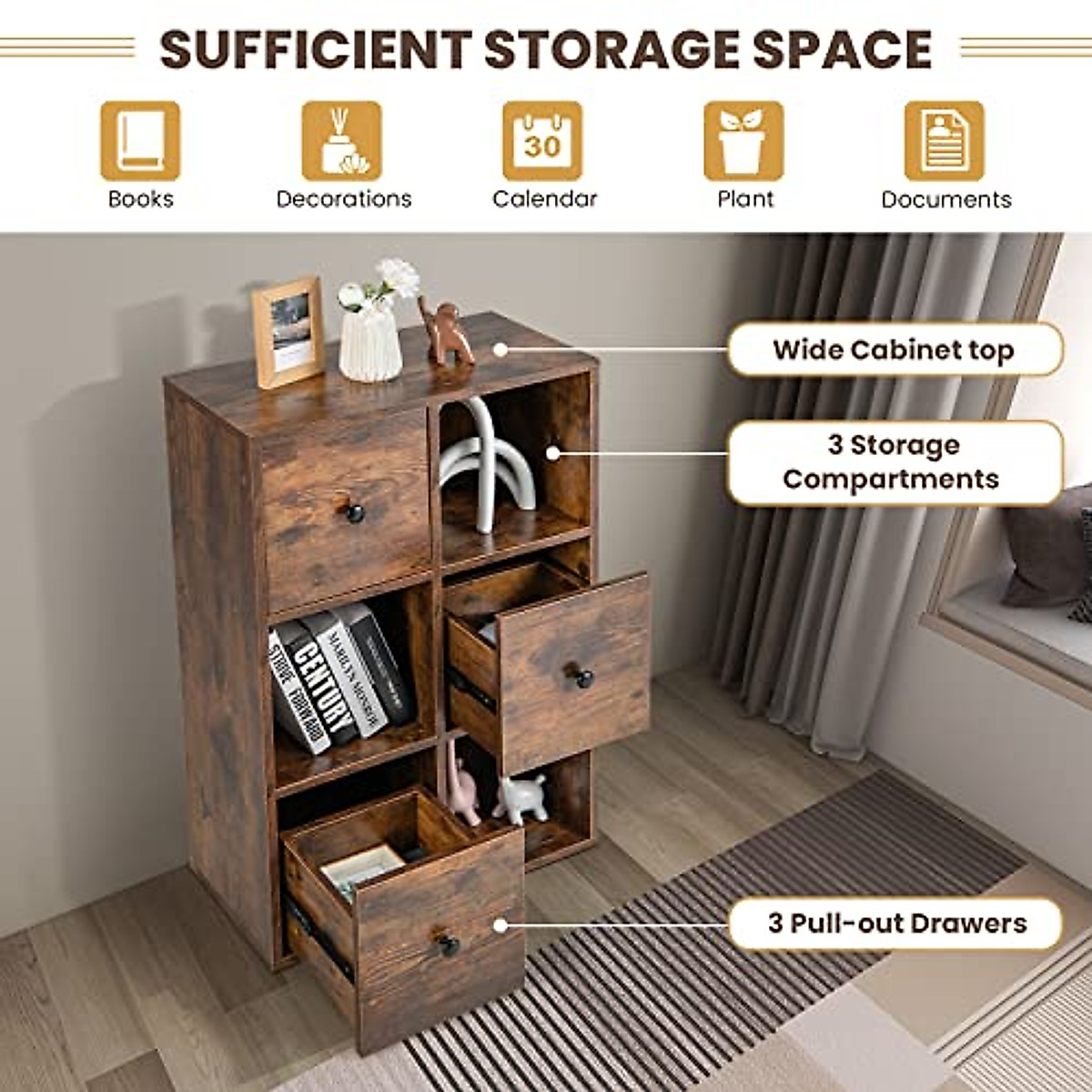 Giantex 6-Cube Bookcase with Drawers, 3-Tier Freestanding Wooden Bookshelf with Anti-toppling Device, Wood Cube Storage Organizer for Kids Room, Living Room, Study, Bedroom, Rustic Brown