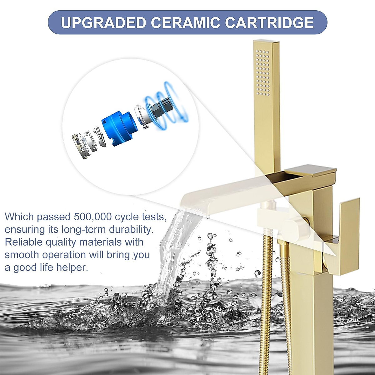 Freestanding Bathtub Faucet Brushed Gold Waterfall Bathtub Faucet Floor Mount Tub Filler Single Handle Bathtub Shower Faucets with Hand Shower Swivel Spout Brass Mixer Tap by BWE