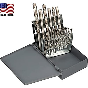 Chicago Latrobe 52580 HT18 High-Speed Steel Jobber Length Drill Bit and Hand Tap Set with Metal Case, Uncoated (Bright) Finish, Wire Size, Letter, Inch, 18-Piece, #6-32 to 1/2"-13 Tap Sizes