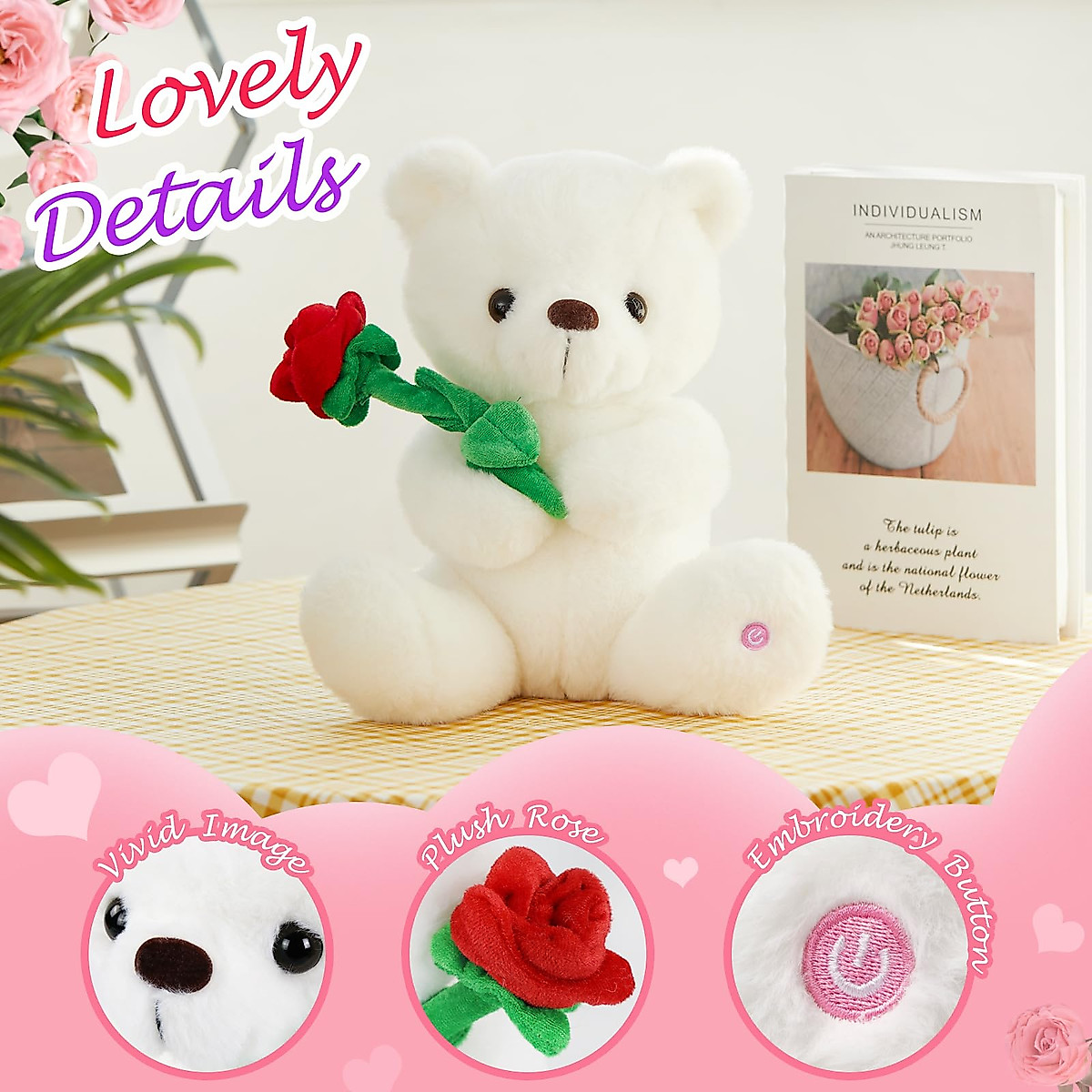 Houwsbaby Glow Teddy Bear with Rose Stuffed Animal for Graduate Soft Light Up Plush Toy LED Night Lights Valentine’s Day Presents for Kids Toddler Girlfriend,White,10.5''