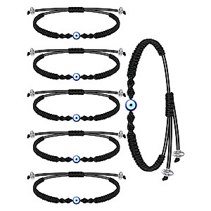 6 Pieces Evil Eye Rope Kabbalah Bracelets Evil Eye Adjustable Cord Bracelet Black Evil Eye Knotted Bracelet Summer Rope Bracelets for Women Men (Simple Style)