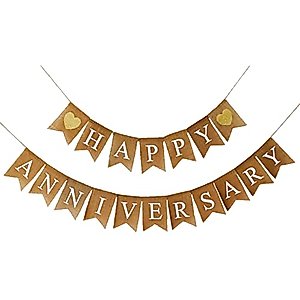 Shimmer Anna Shine Happy Anniversary Burlap Banner for Wedding Anniversary Decorations with Gold Glitter Hearts