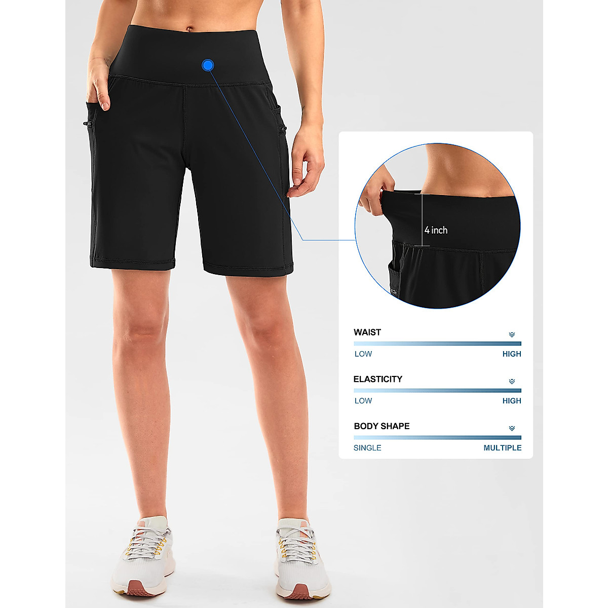 G Gradual Women's High Waisted 9" Bermuda Shorts with Zipper Pockets Athletic Workout Long Shorts for Women Knee Length(Black,M)