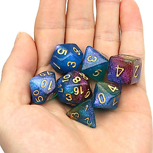 Haxtec Iridescent Glitter DND Dice Blue Green Purple Color Changing Polyhedral D&D Dice for RPGs-Mermaid