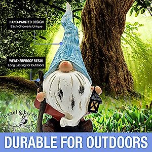 Hazel & Birch Outdoor Garden Gnomes Decorations - 9 inches Tall - Gnome Statues for Yard, Lawn, Patio, Porch - Hand Painted Decor, Weatherproof Gnome Figurine (Blue Hat Stick & Lantern Gnome)