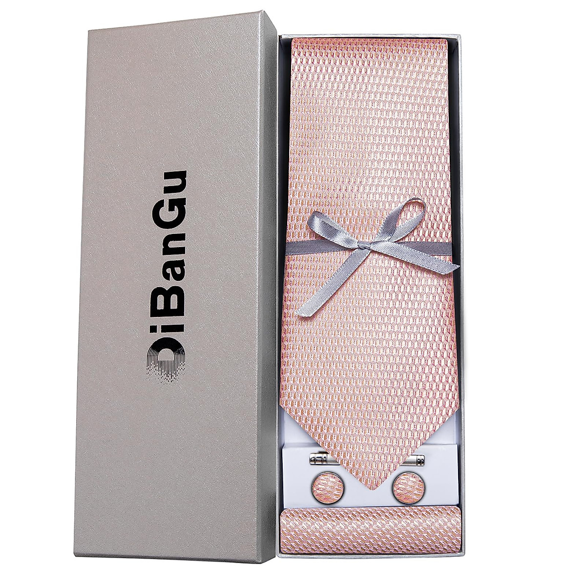 DiBanGu Plaid Ties for Men Silk Checkered Necktie and Pocket Square Cufflinks Tie Clip Set with Gift Box for Wedding Business, Rose Gold