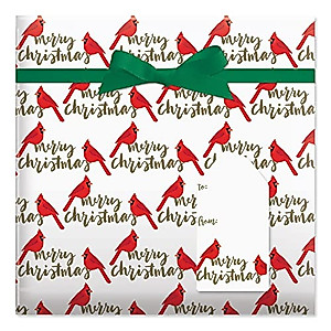 Christmas Cardinals Jumbo Rolled Gift Wrap - 1 Giant Roll, 23 Inches Wide by 32 feet Long, Heavyweight, Tear-Resistant, Holiday Wrapping Paper