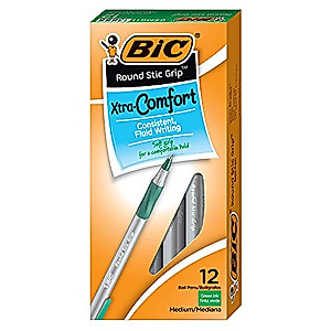 BIC Round Stic Grip Xtra Comfort Ballpoint Pen, Medium Point (1.2mm), Green, 12-Count